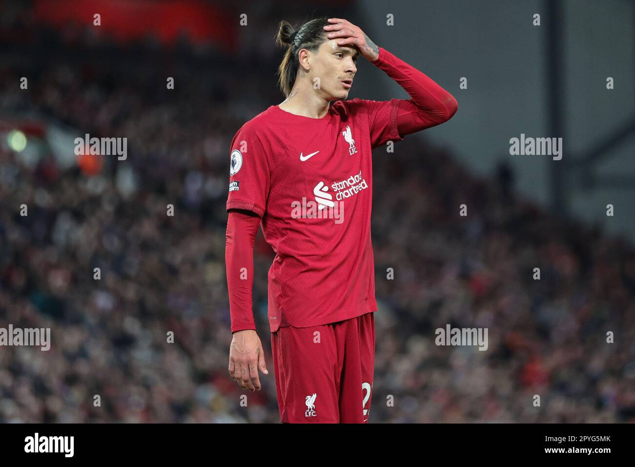 Darwin Núñez #27 of Liverpool looks dejected after missing a chance on ...