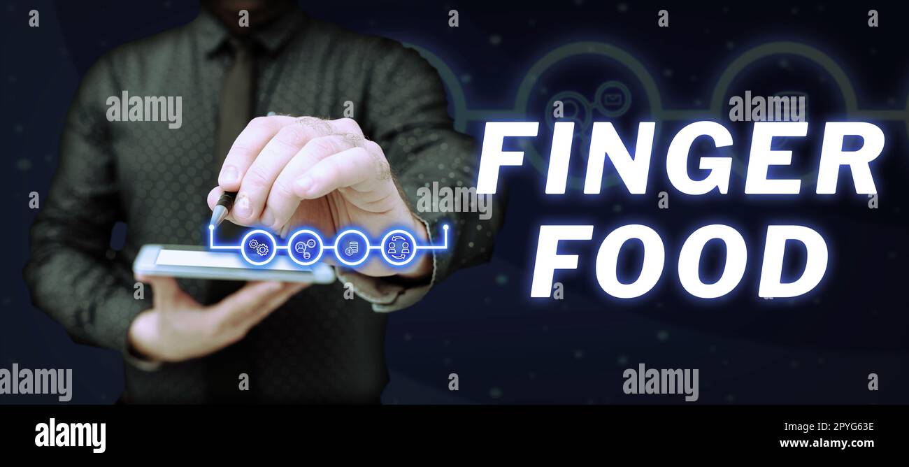 Hand writing sign Finger Food. Conceptual photo products and digestives ...