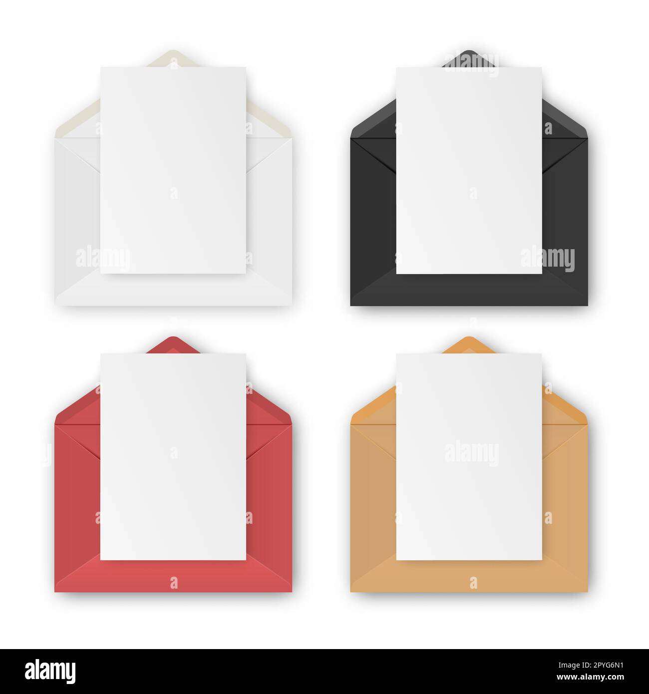 Blank realistic envelopes with paper isolated on white background, vector mockup set. Vector ...