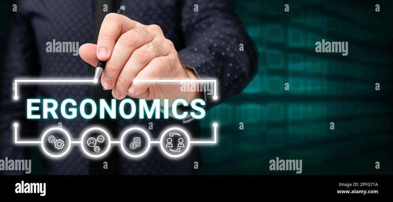 Hand writing sign Ergonomics. Business overview fitting or designing a ...