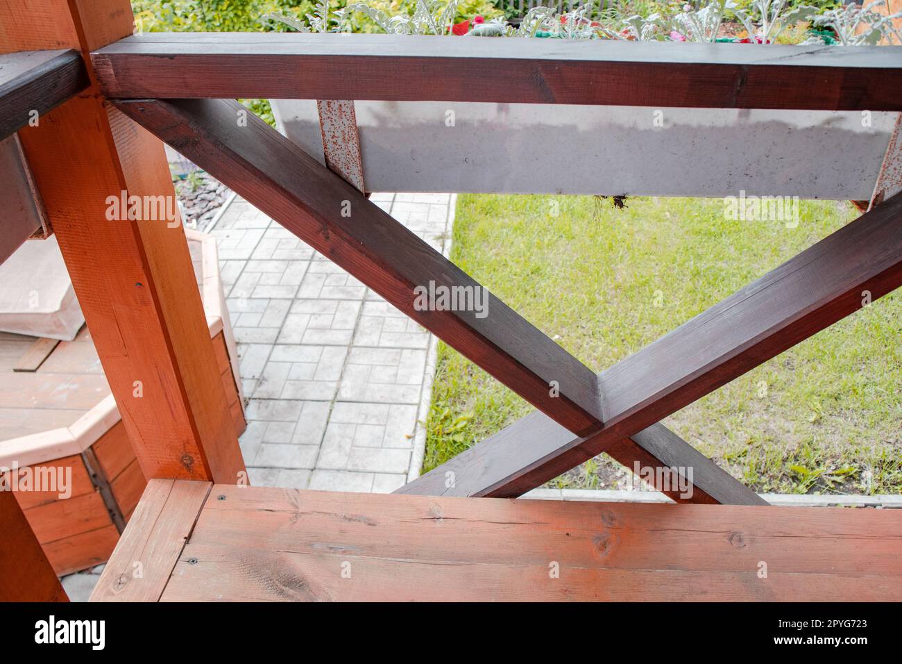 Close-up of the fence on the porch of the terrace, view from the inside ...