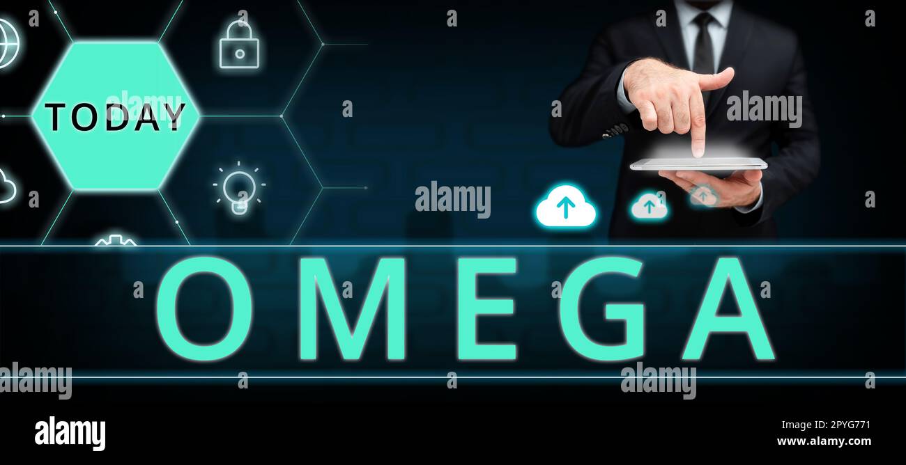 Text sign showing Omega. Business idea Class of essential fatty acids ...