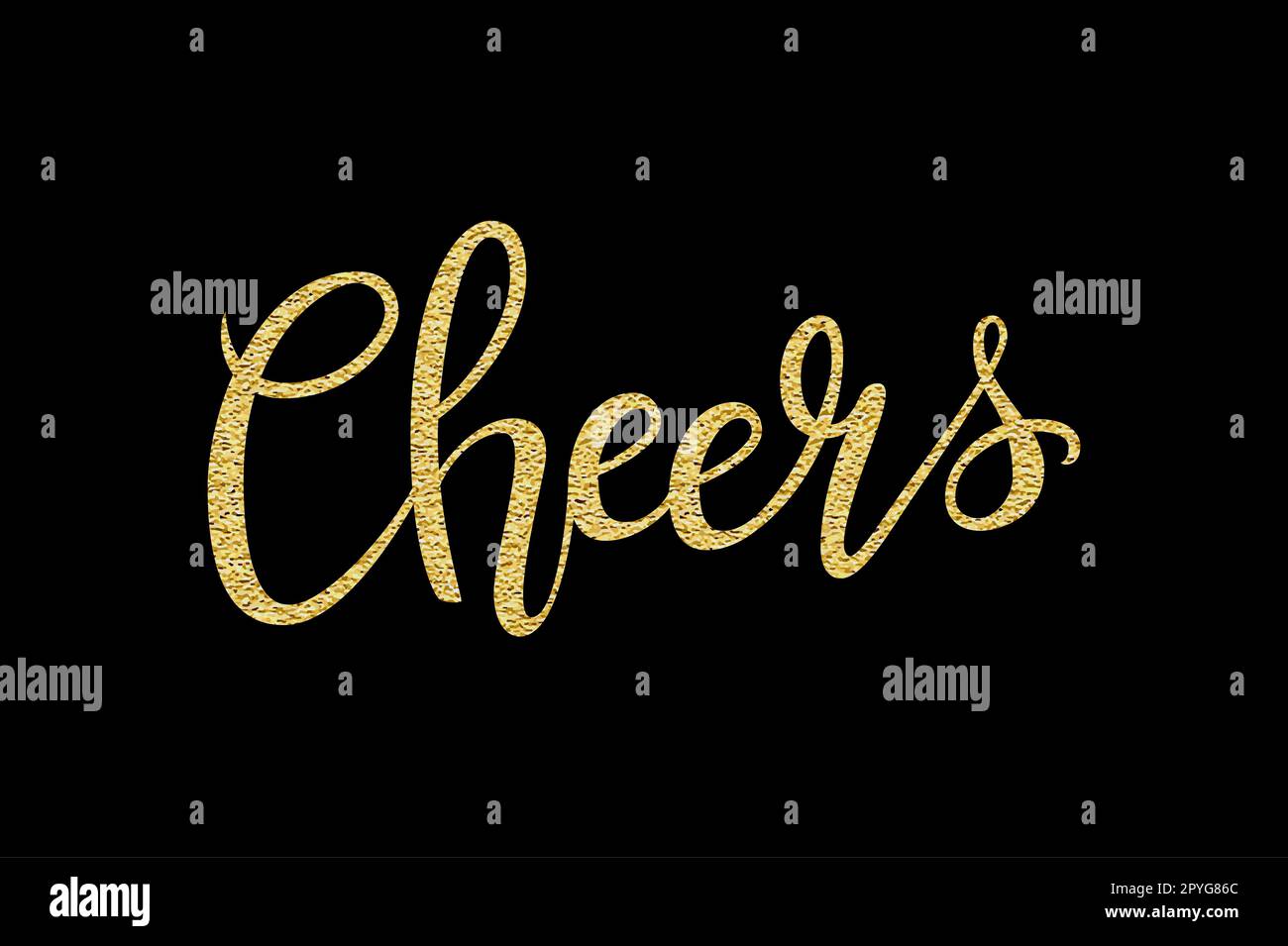 Cheers hand-drawn lettering decoration text with gold sparkles on black ...
