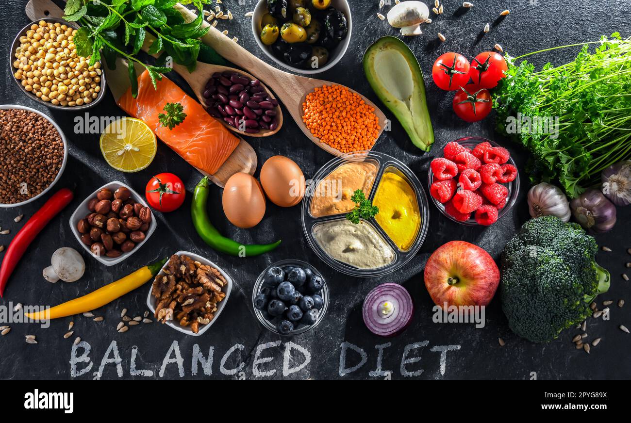 Ingredients of healthy diet that maintains overall health Stock Photo ...