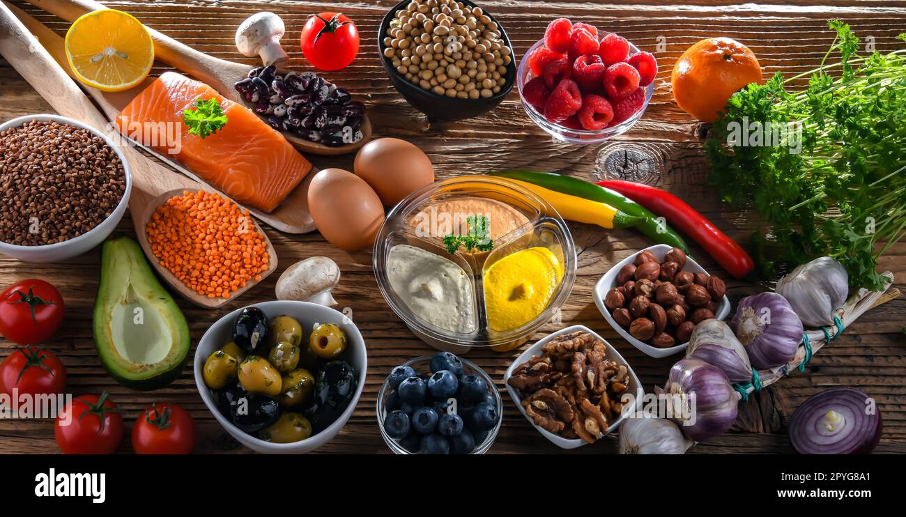 Ingredients of healthy diet that maintains overall health Stock Photo ...
