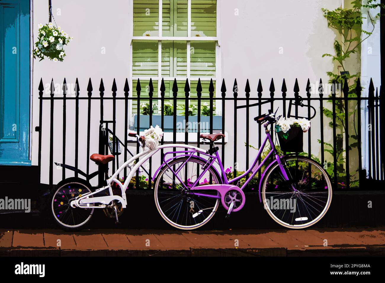 Bicycle built for two leaning against metal fence with baskets of ...