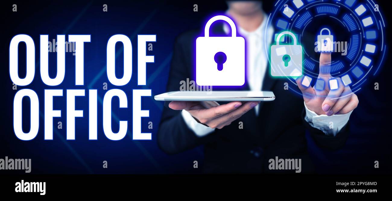 Hand writing sign Out Of Office. Conceptual photo Outside the job ...