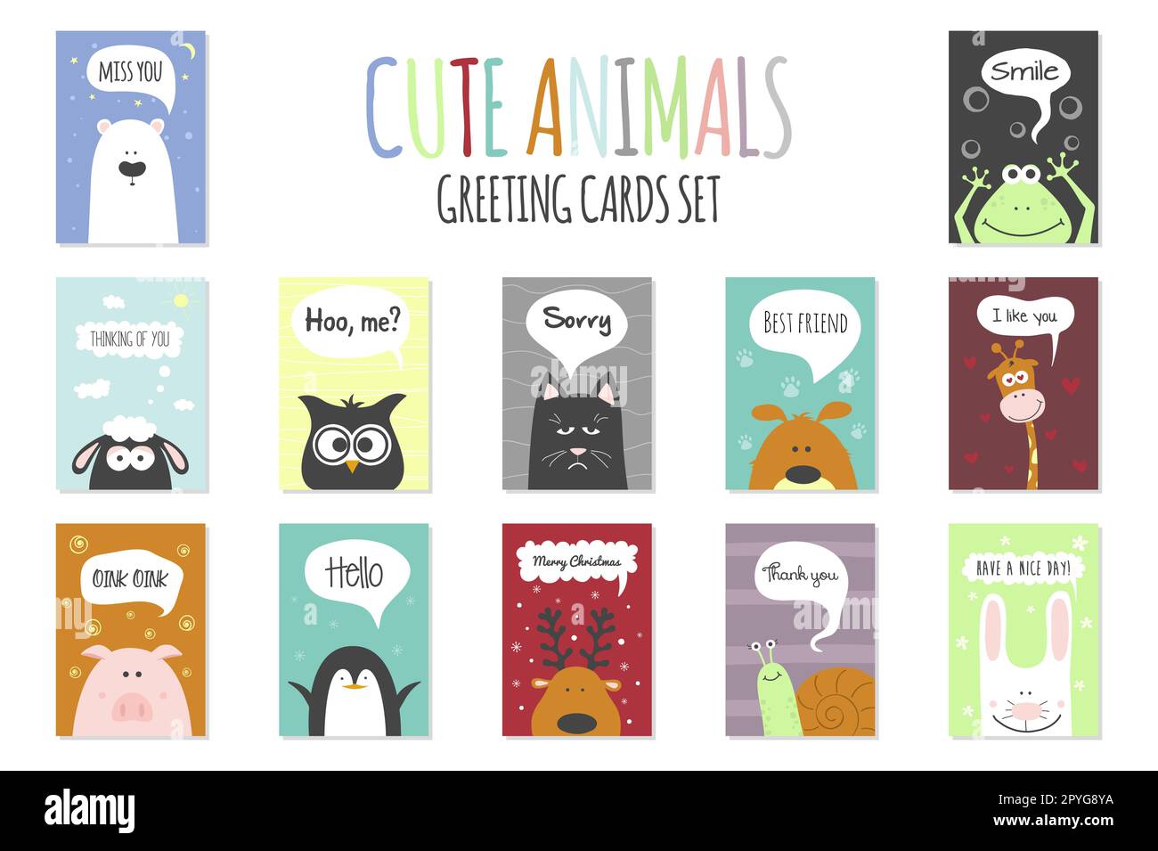 Greeting cards set - cute animals. Vector hand drawn template for party ...
