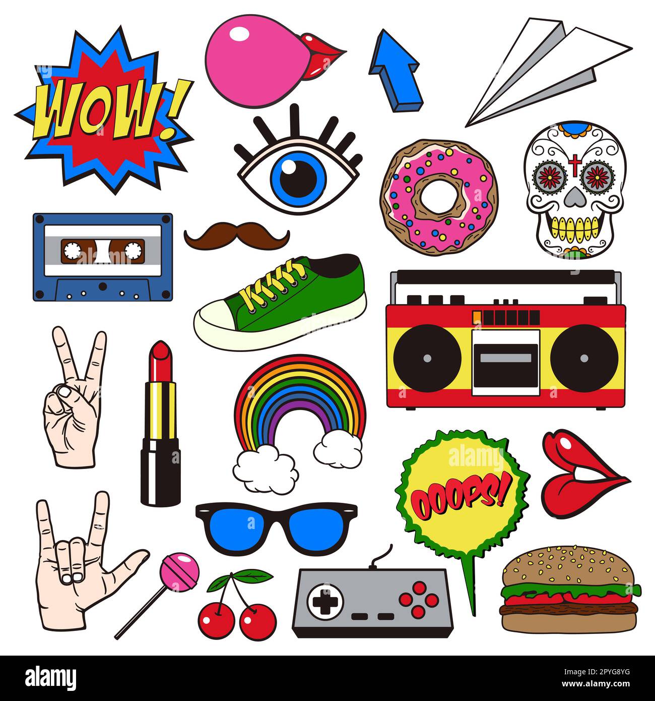 Retro patch badges set. Collection of cartoon icons, stickers and ...