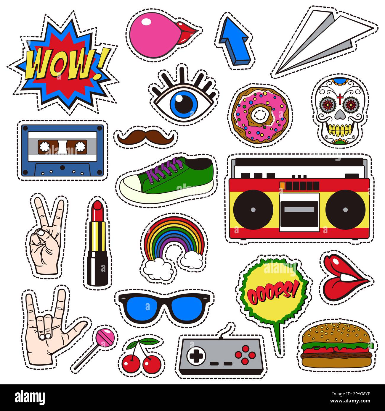 Retro patch badges set. Collection of cartoon icons, stickers and ...
