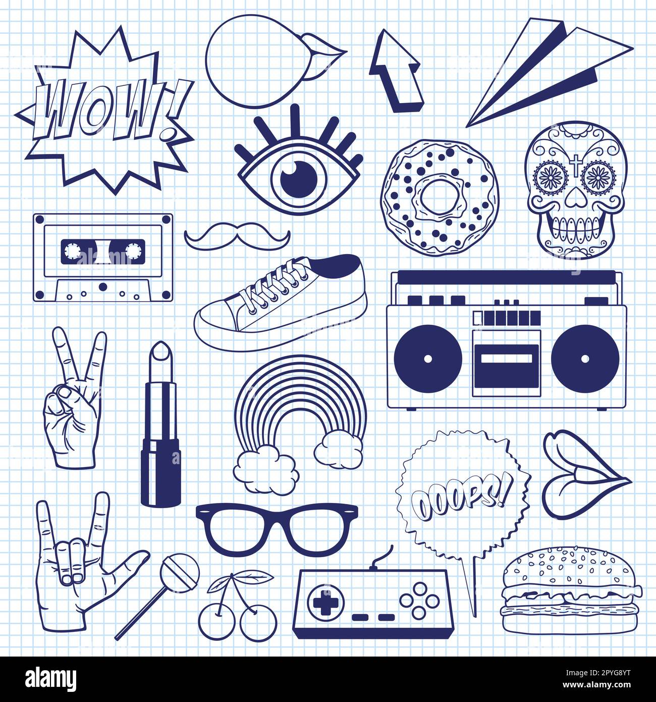 Retro cartoon icons on a squared notebook sheet. Sketch of vintage ...