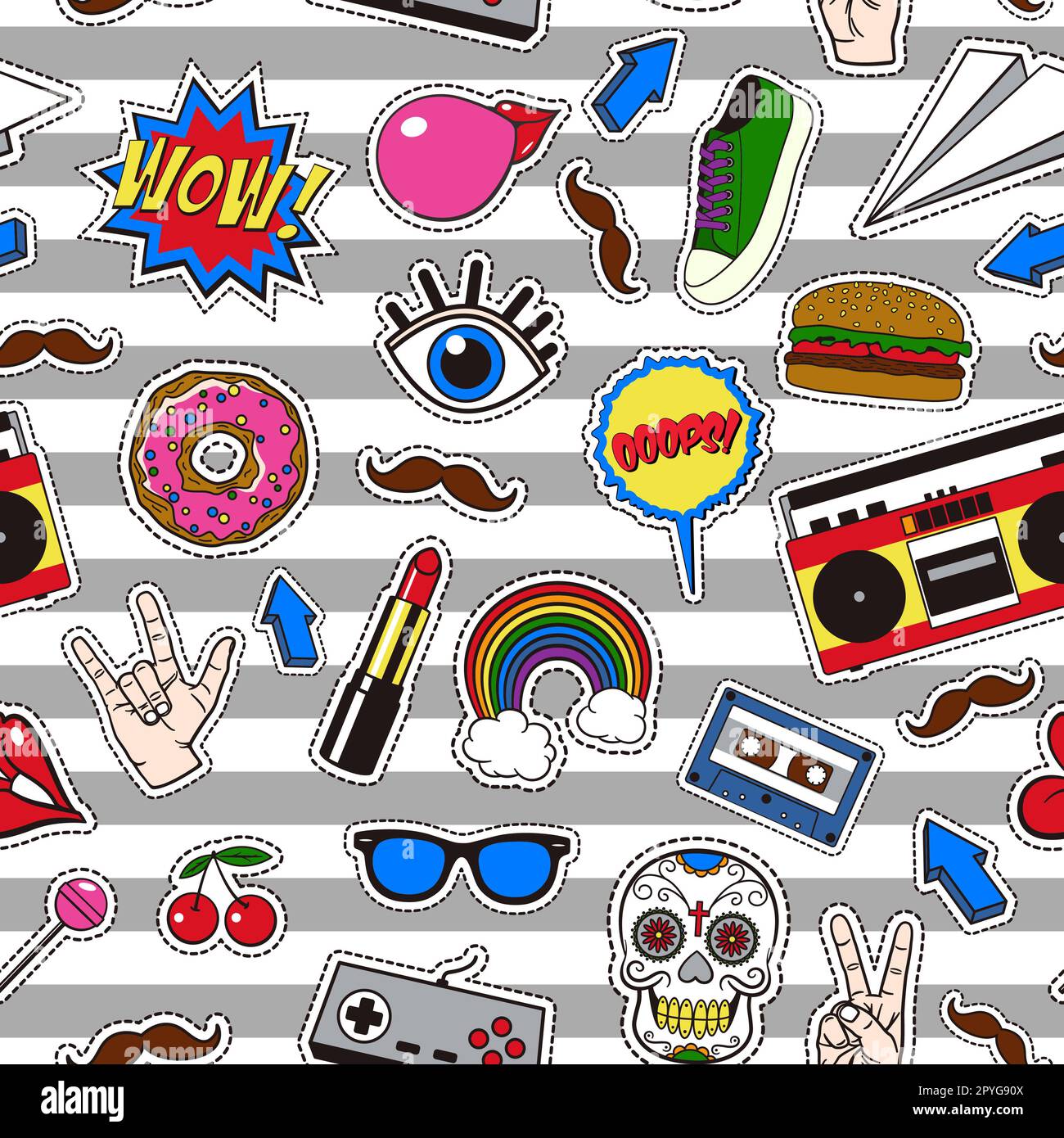 Seamless pattern with retro patch badges in vintage comic style. Vector ...