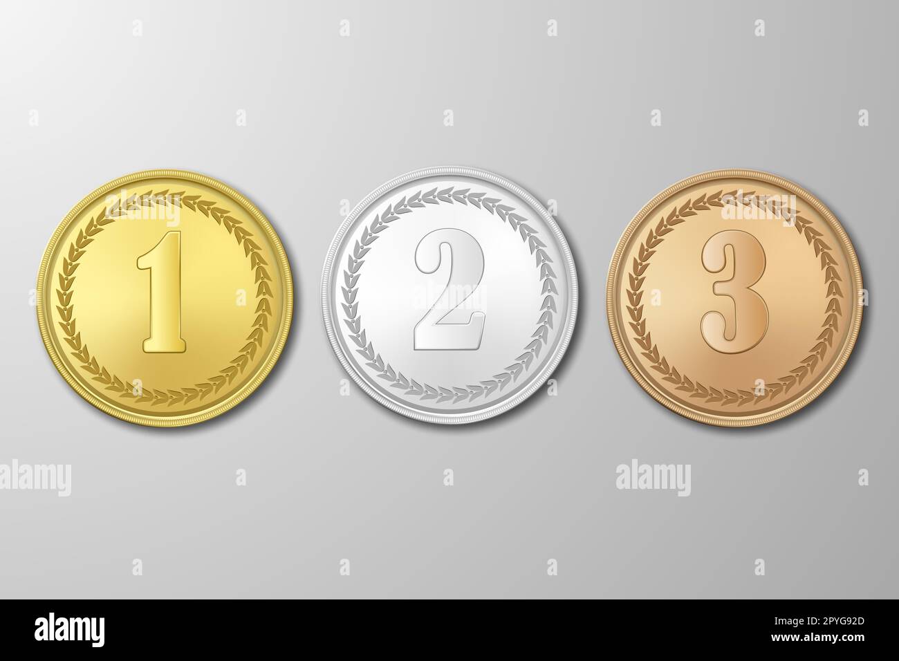 Gold, silver and bronze award medals set on gray background. The first ...