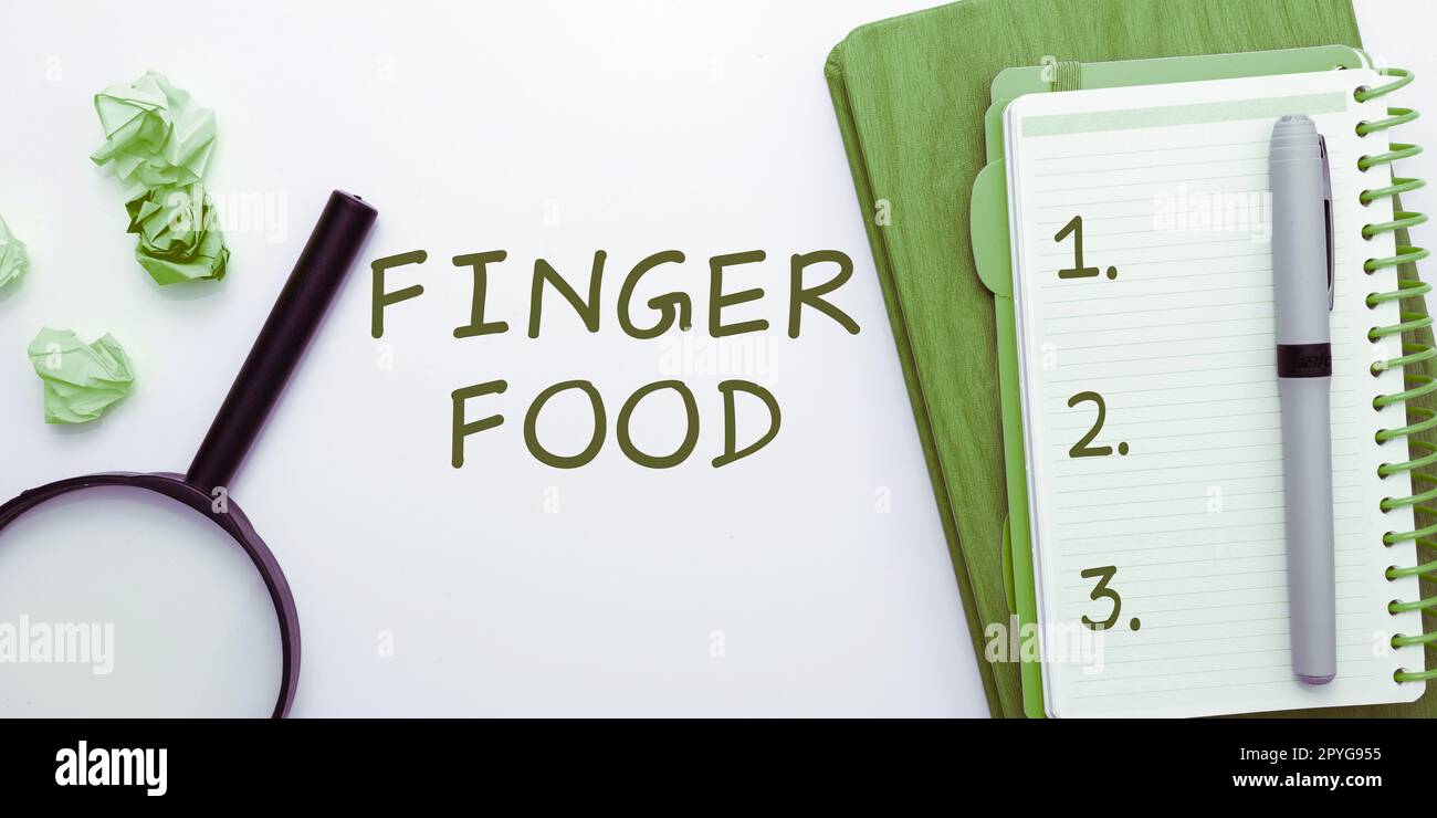 Hand writing sign Finger Food. Conceptual photo products and digestives ...
