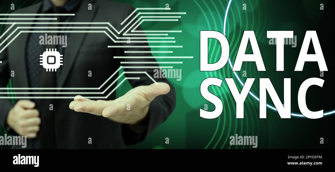 Hand writing sign Data Sync. Concept meaning data that is continuously generated by different ...