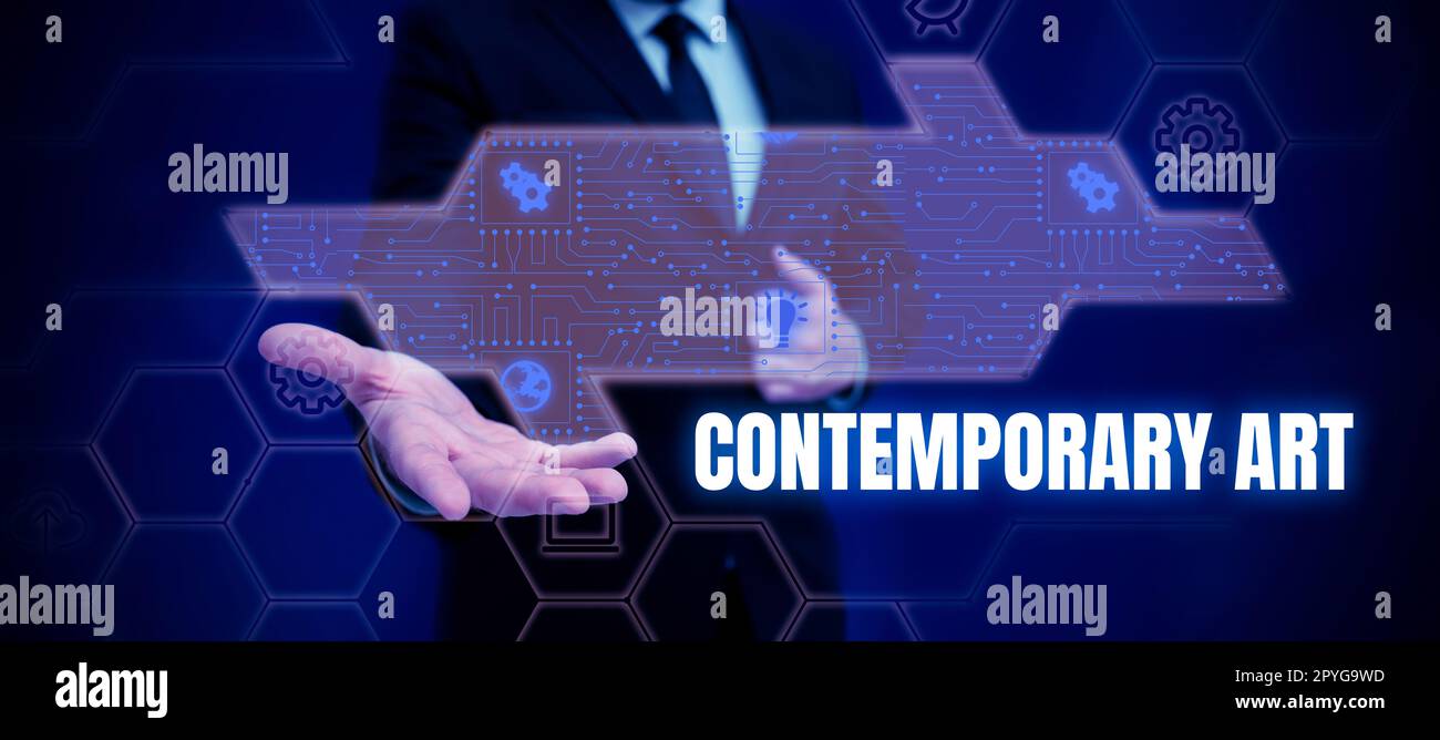 Text caption presenting Contemporary Art. Concept meaning made today by ...