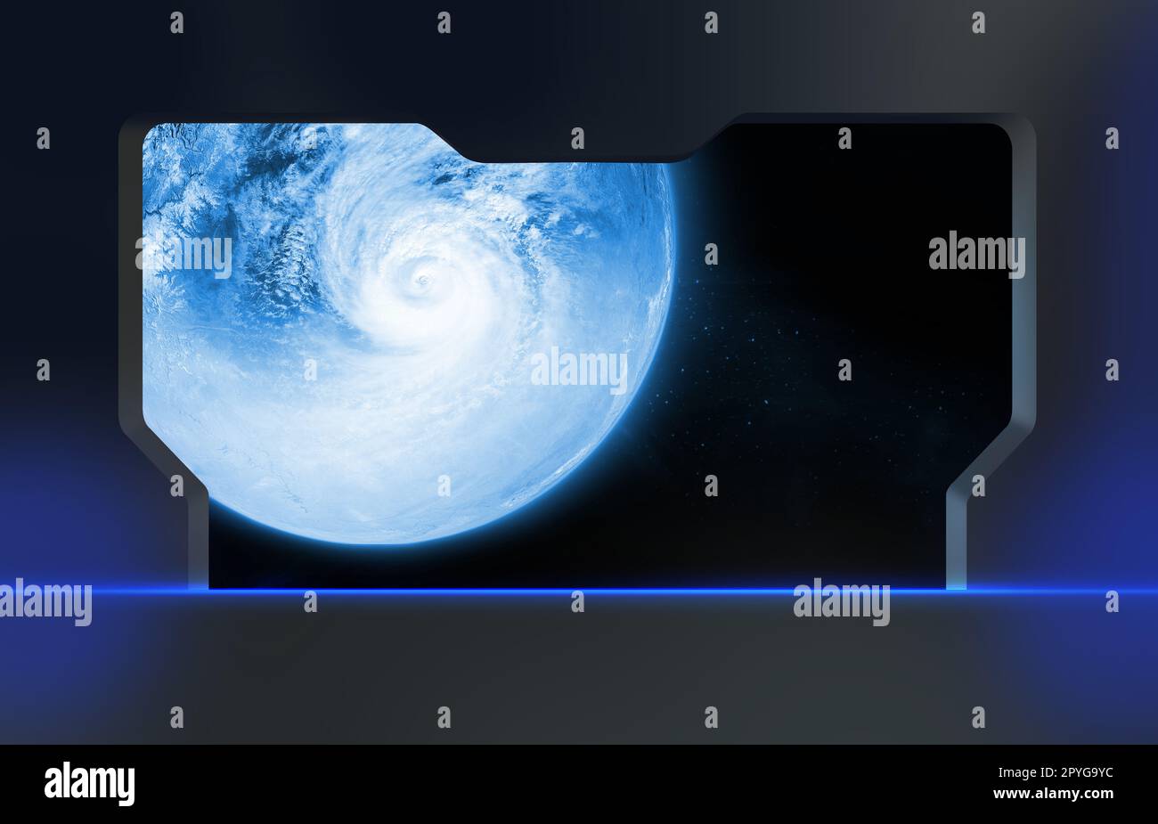 Celestial art, Spaceship window frame with remote planet with icy ...