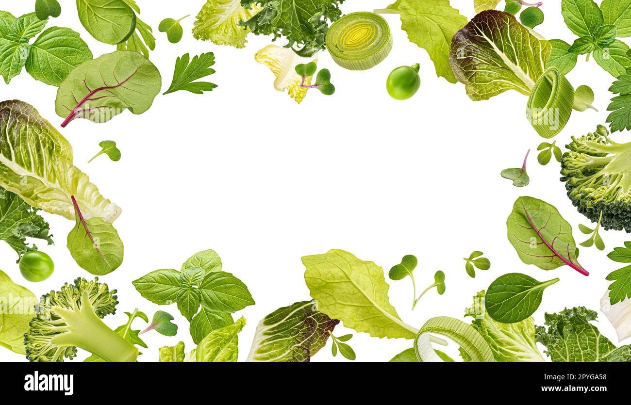 Healthy food ingredients frame, superfood, falling salad leaves and ...
