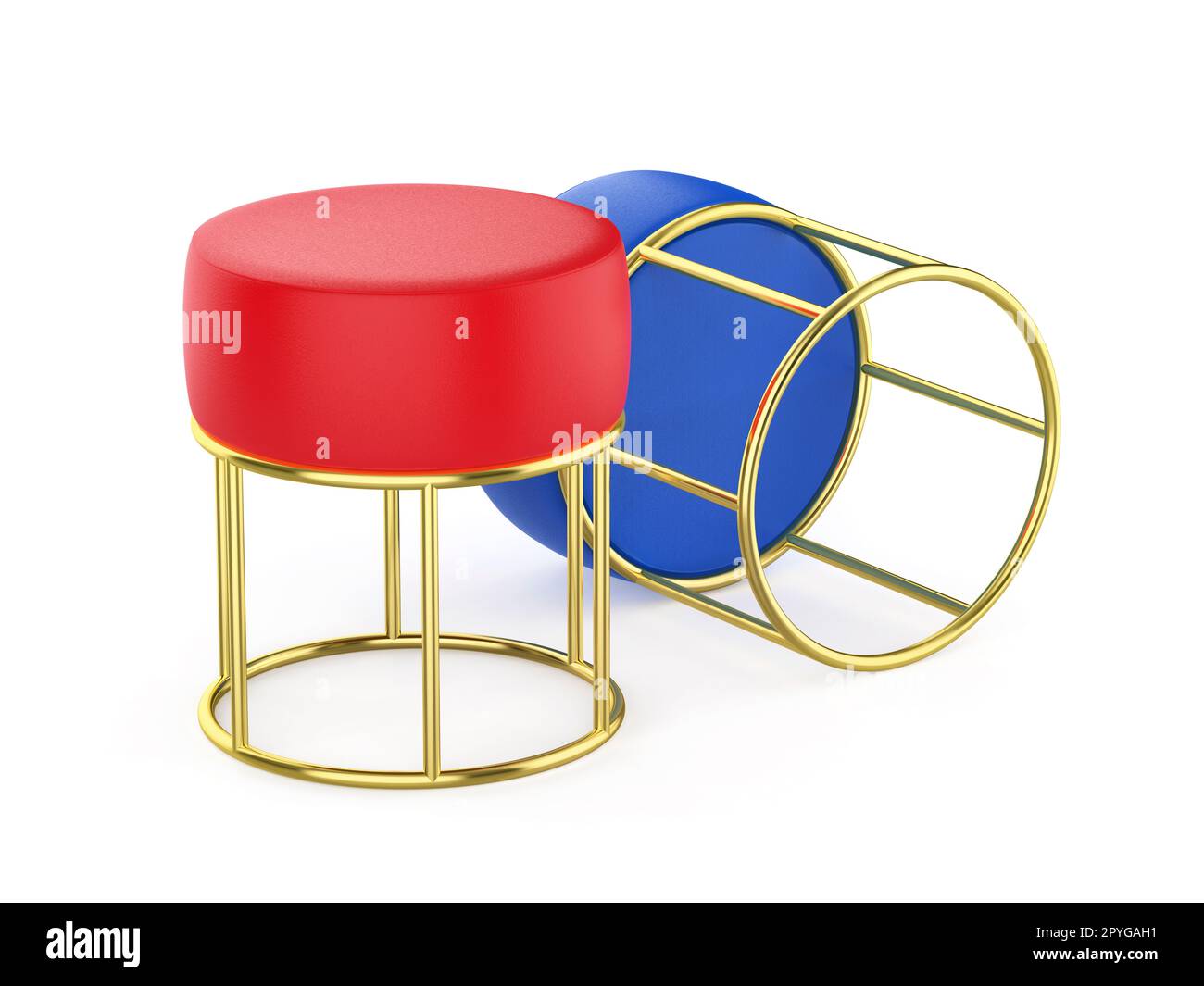 Red and blue leather stools with golden legs on white background Stock ...