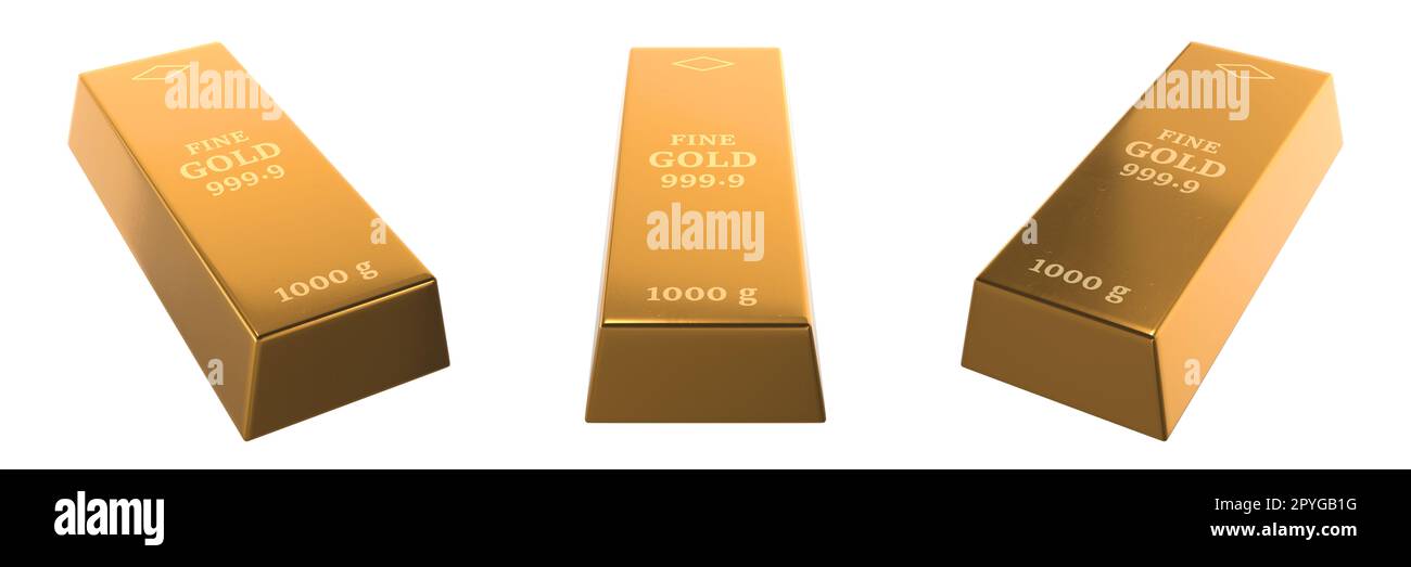 gold ingot on white background, left, front and right view (3d render ...