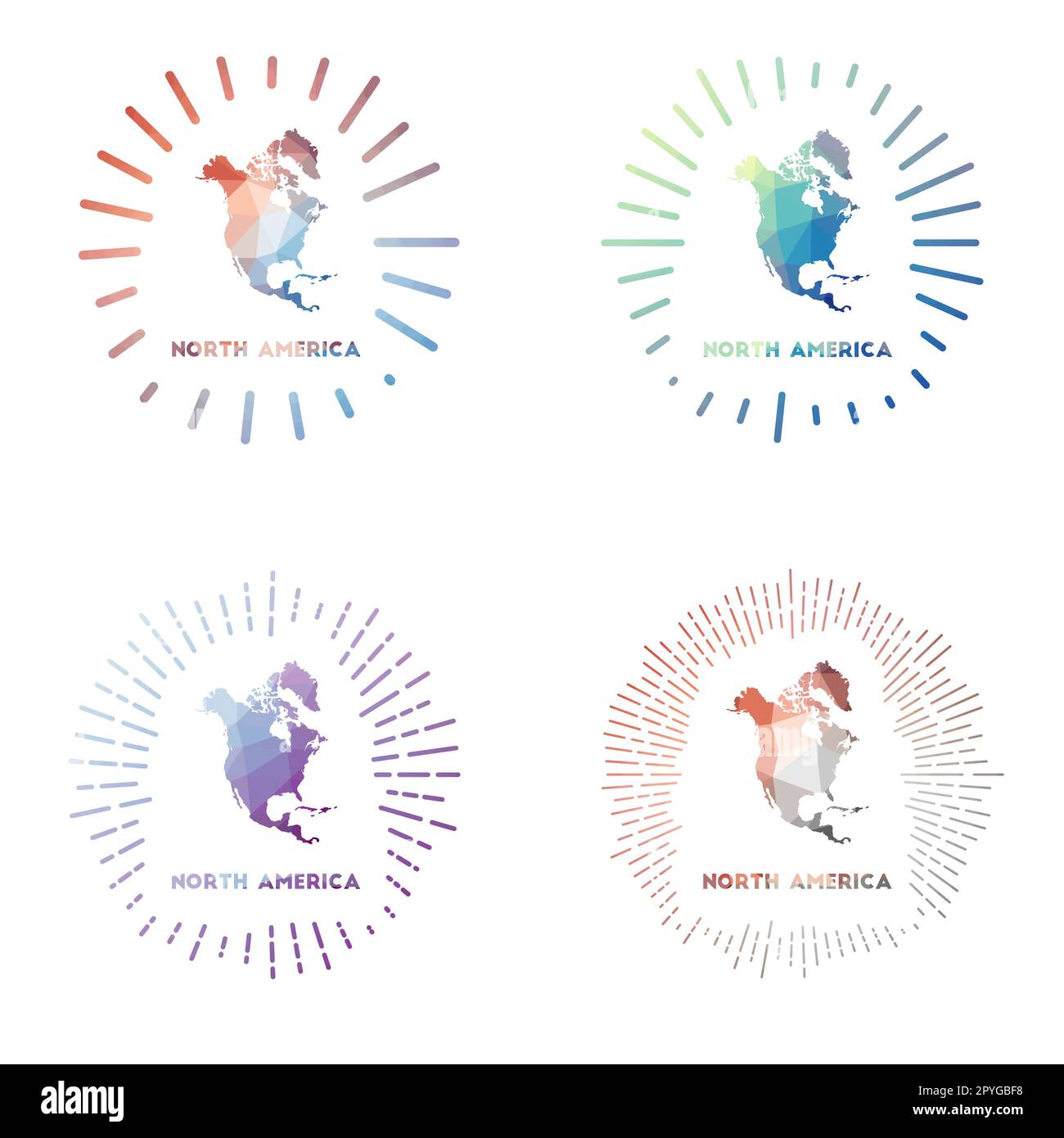 North America low poly sunburst set. Logo of continent in geometric ...
