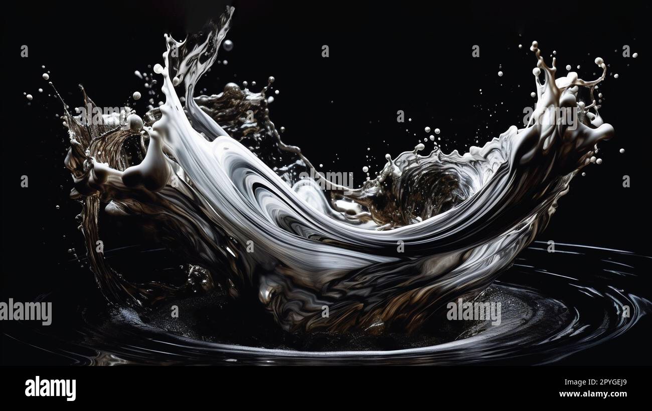 A high-resolution black and white image of a powerful splash of water ...