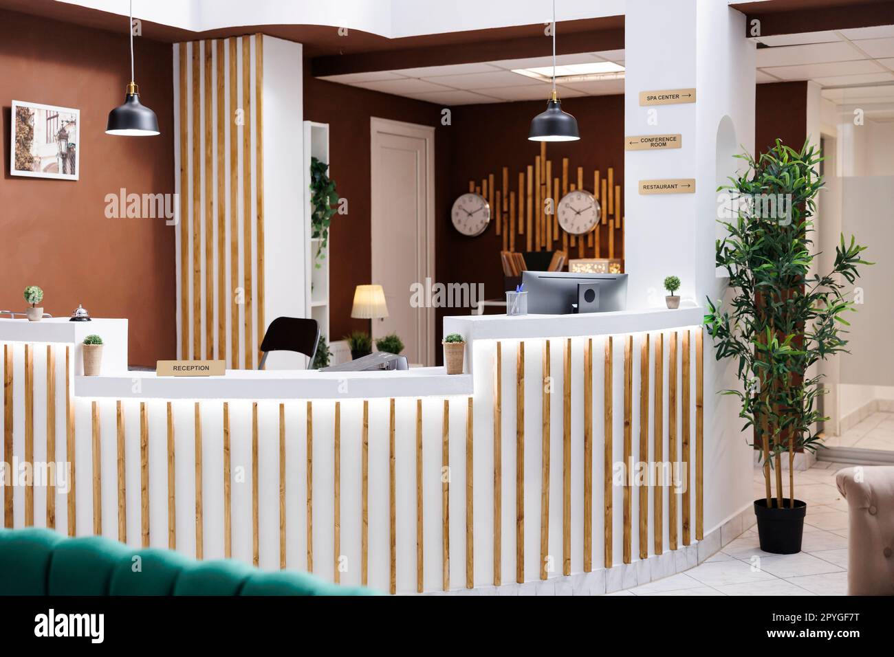 Hotel lobby with impressive design and modern furniture, expensive ...