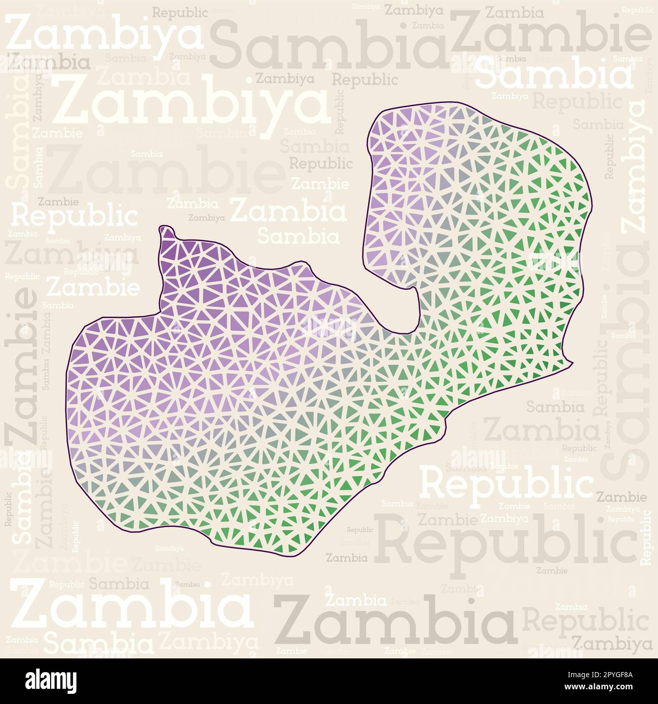 Zambia map design. Country names in different languages and map shape ...