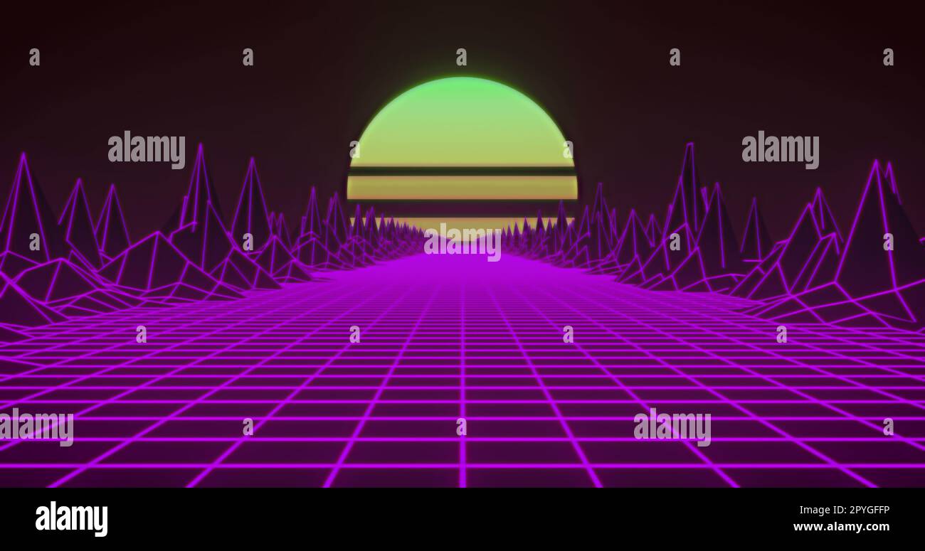 Composition of glowing sun and metaverse grid on black background Stock ...