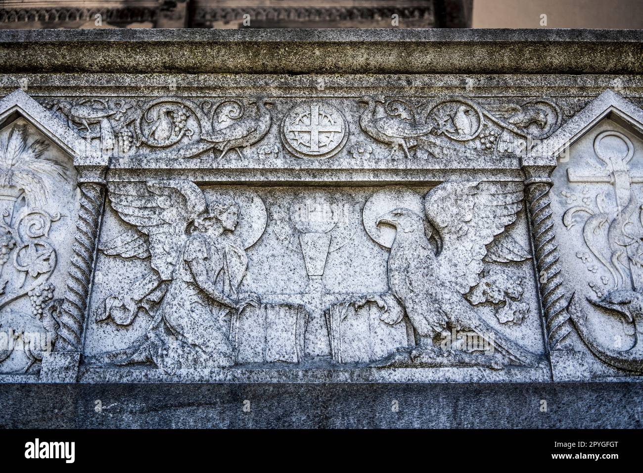 Bas-relief (grave of Longhi spouses) with angel and eagle on a grave in ...