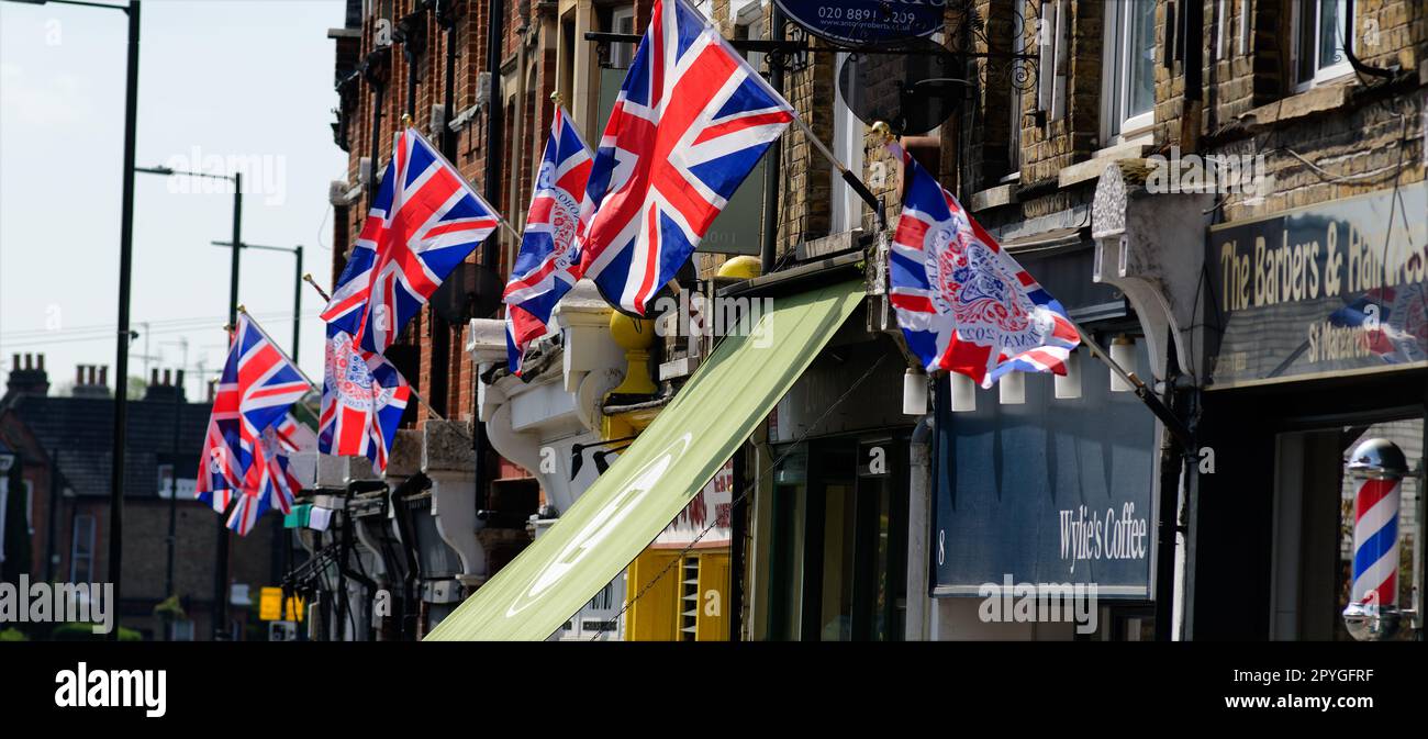 British flags, the Union Jack, flying along Crown Road in St Margarets ...