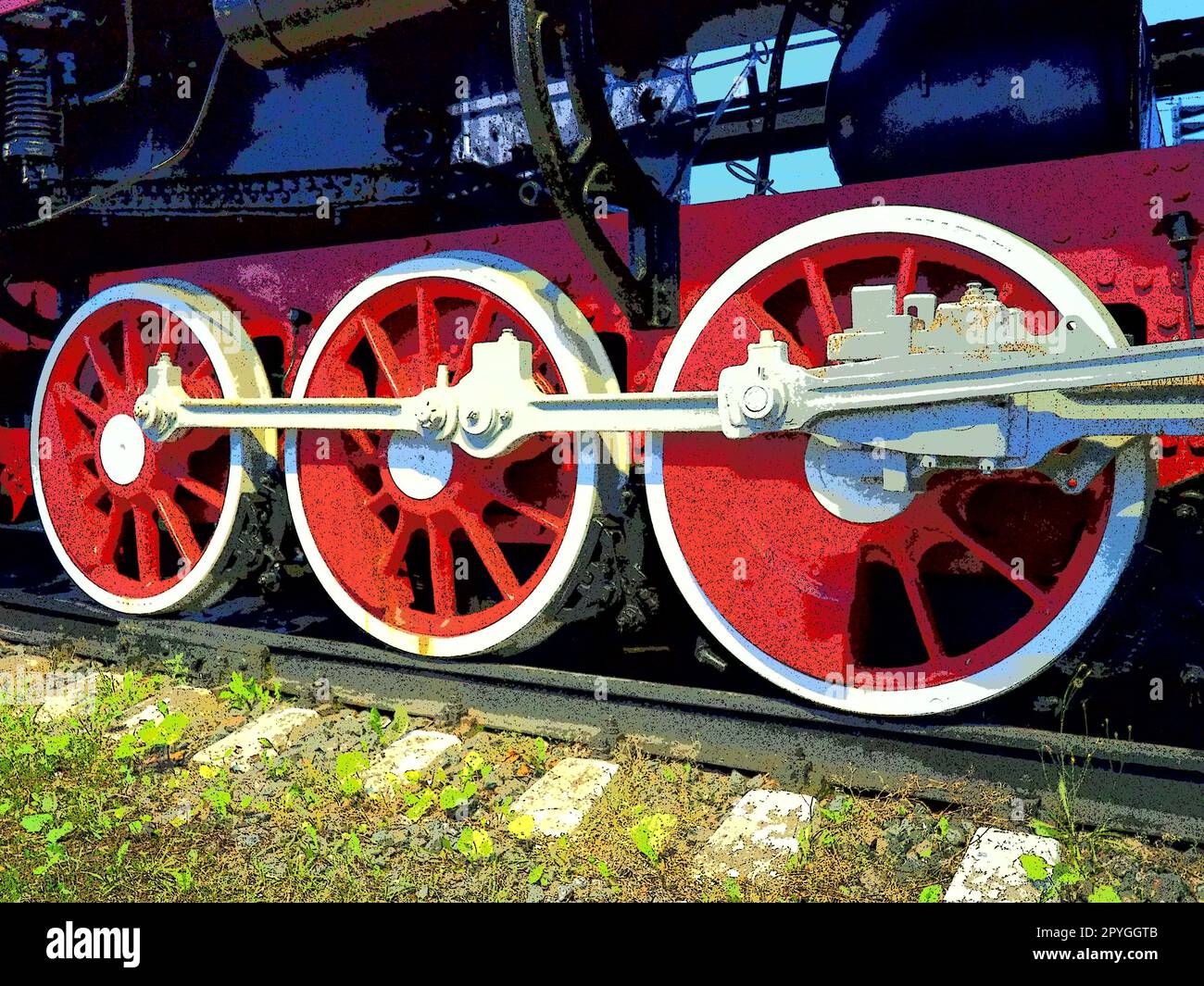 Retro vintage wheels of a locomotive or train close up. Red large heavy ...