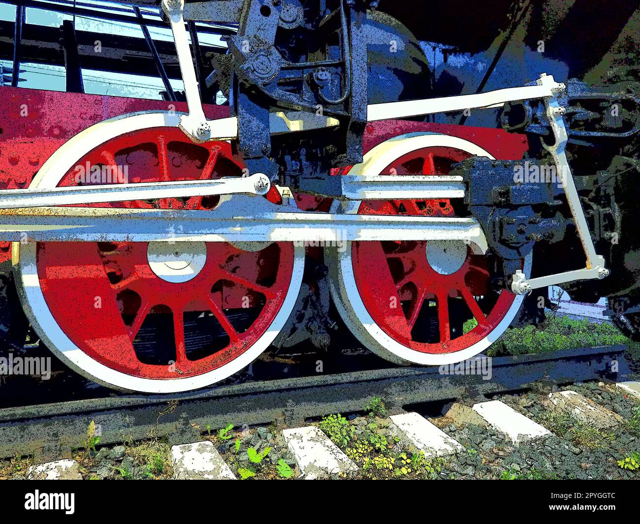 Retro vintage wheels of a locomotive or train close up. Red large heavy ...