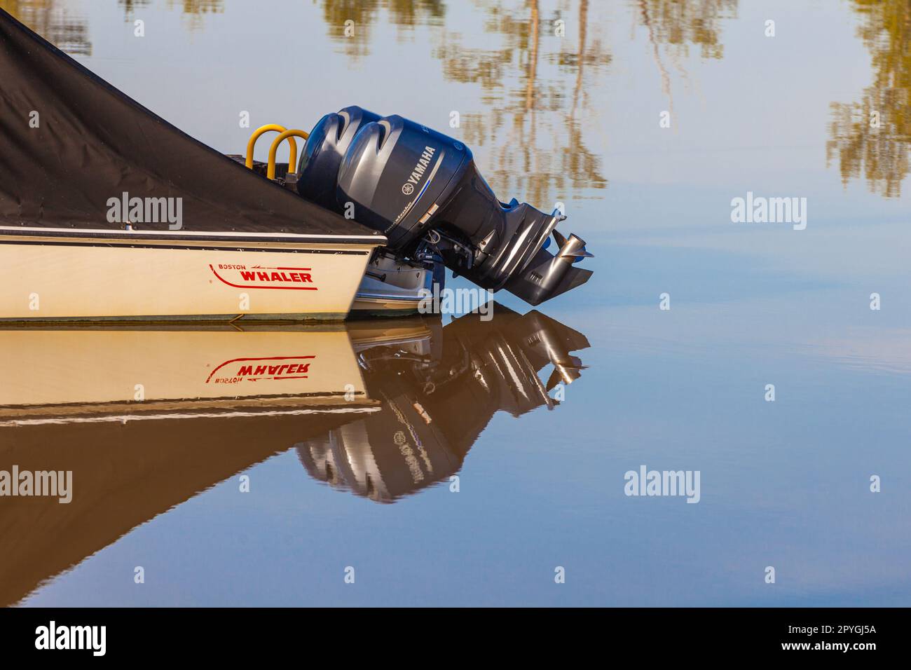 Abstract image of outboard motors mounted on a boat in Steveston ...
