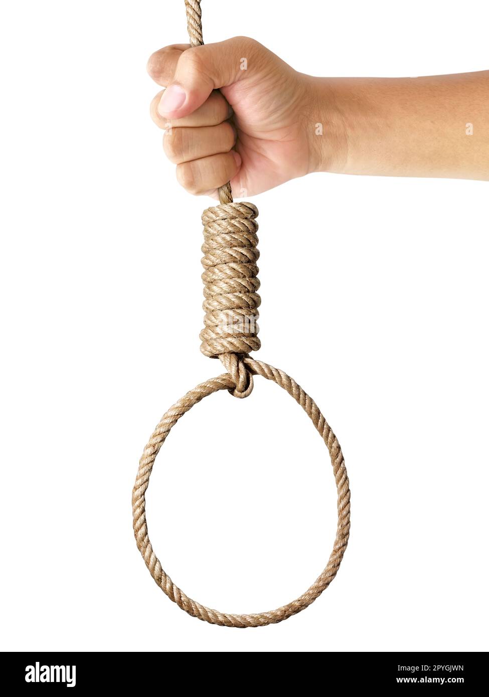 Man hand hold Loop, hemp rope on a white background Stock Photo - Alamy