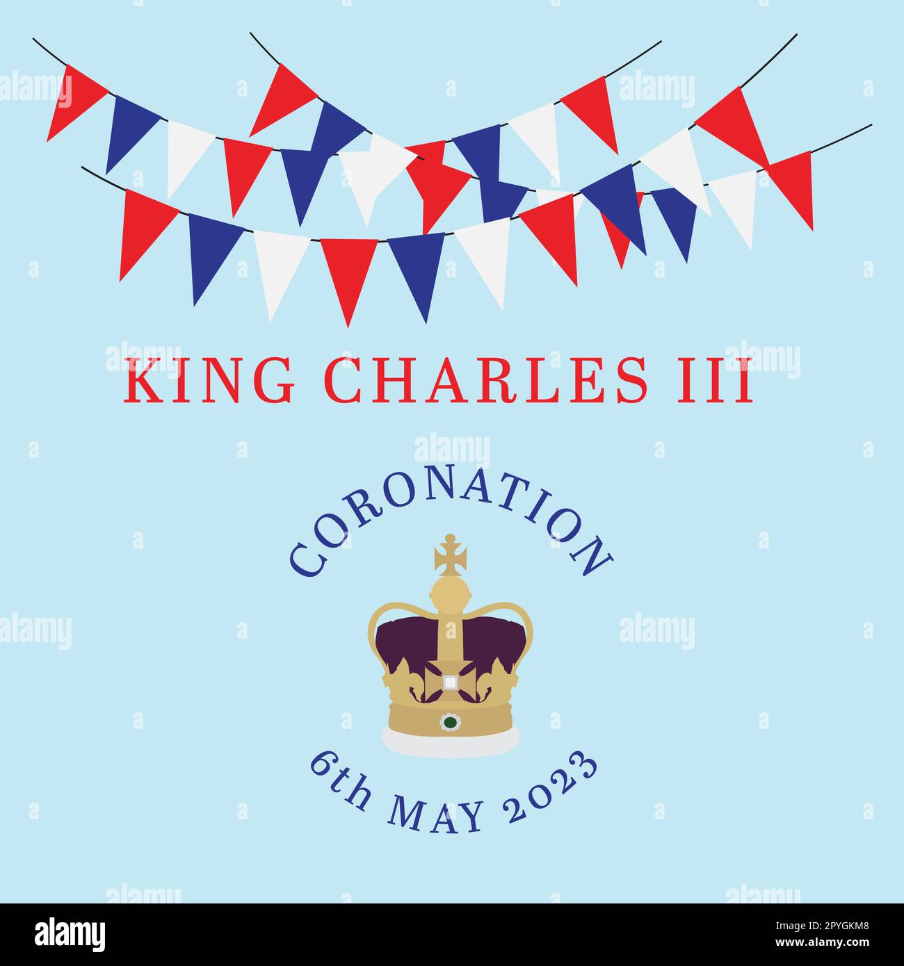 King Charles III Coronation vector illustration with crown and bunting ...