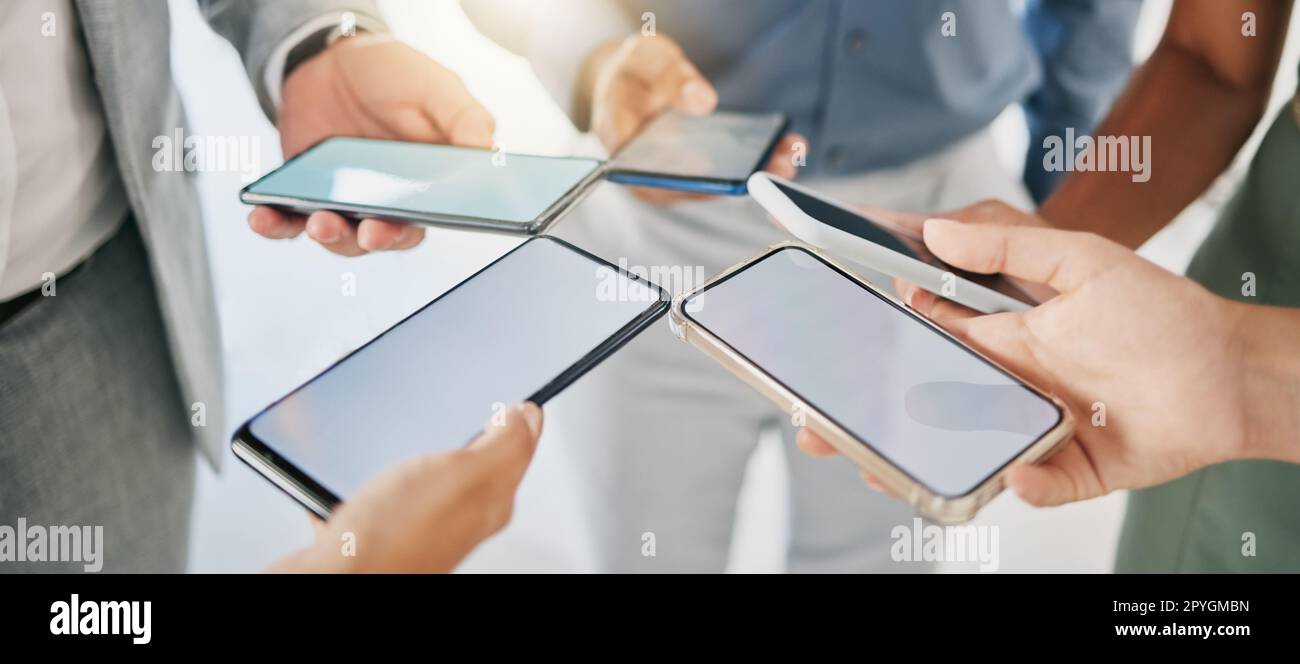 Mockup, business and closeup of smartphone, connection and social media ...