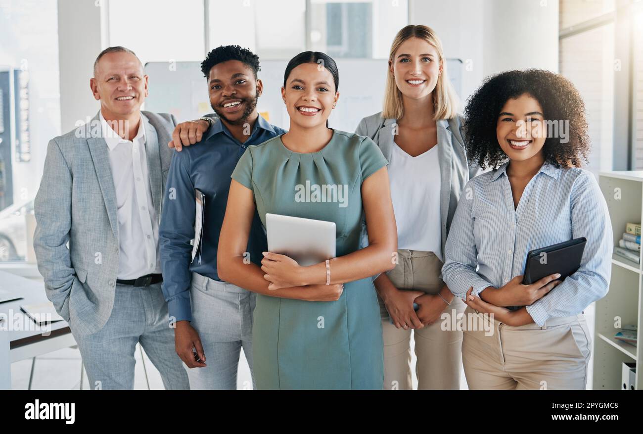 Portrait, happy or business people in a digital agency in an office building with motivation ...