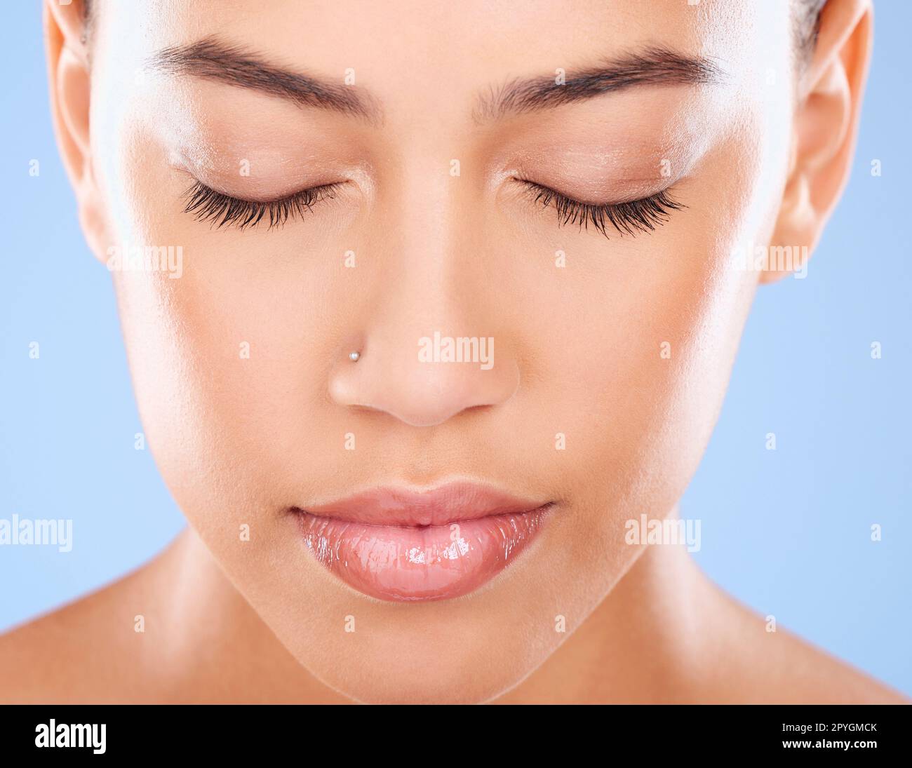 Woman, face closeup and skincare glow with wellness, health and ...