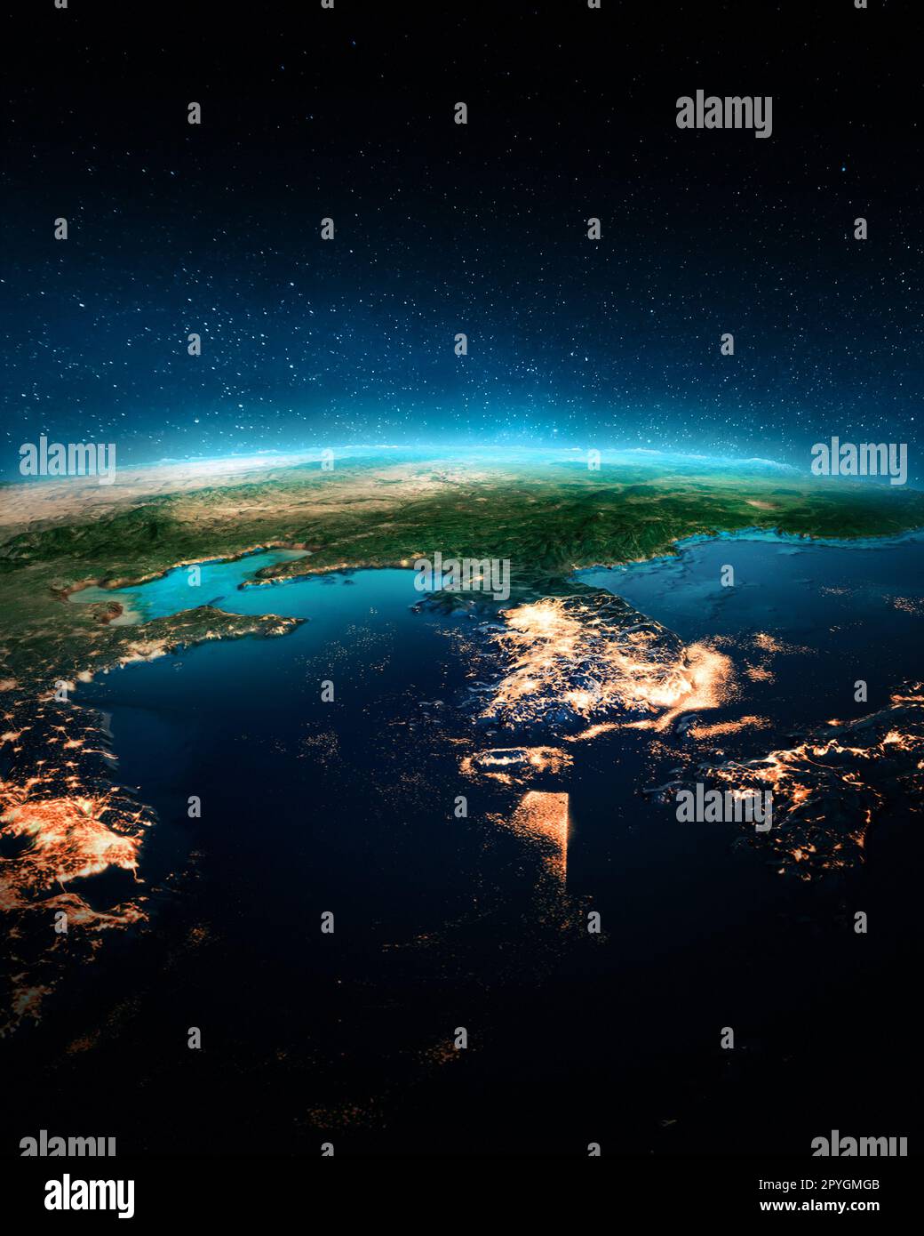 Korea and China at night. Elements of this image furnished by NASA. 3d ...