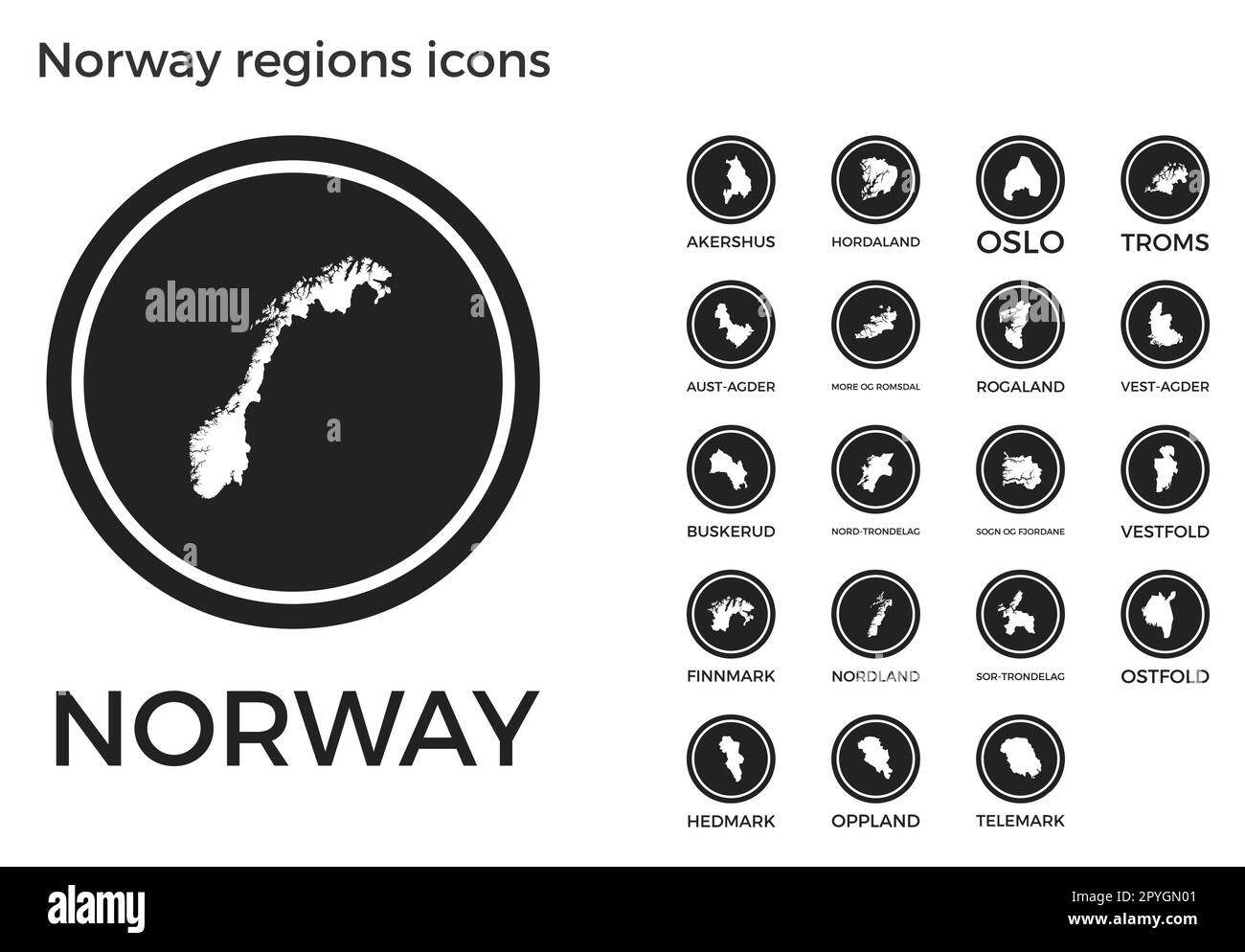 Norway regions icons. Black round logos with country regions maps and ...