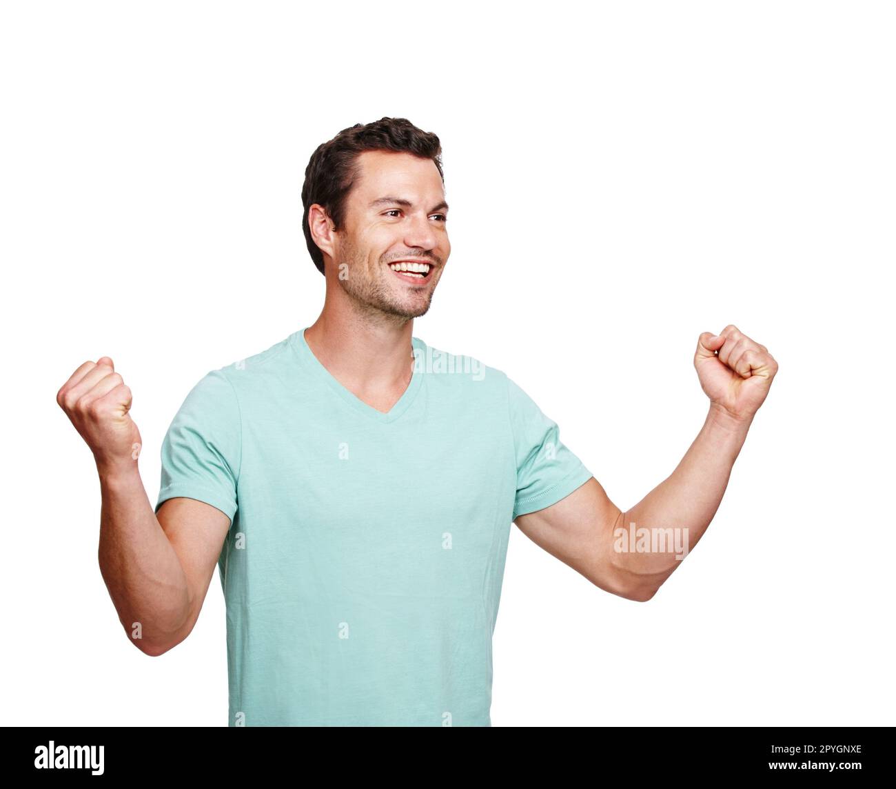 Victory at last. A cheerful man gesturing victoriously against a white ...