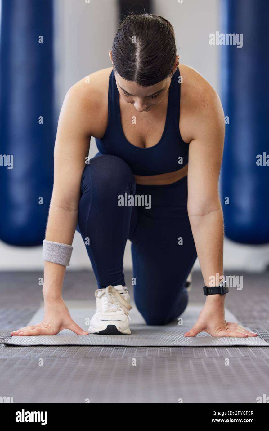 Woman, stretching legs and gym workout for health, self care and ...