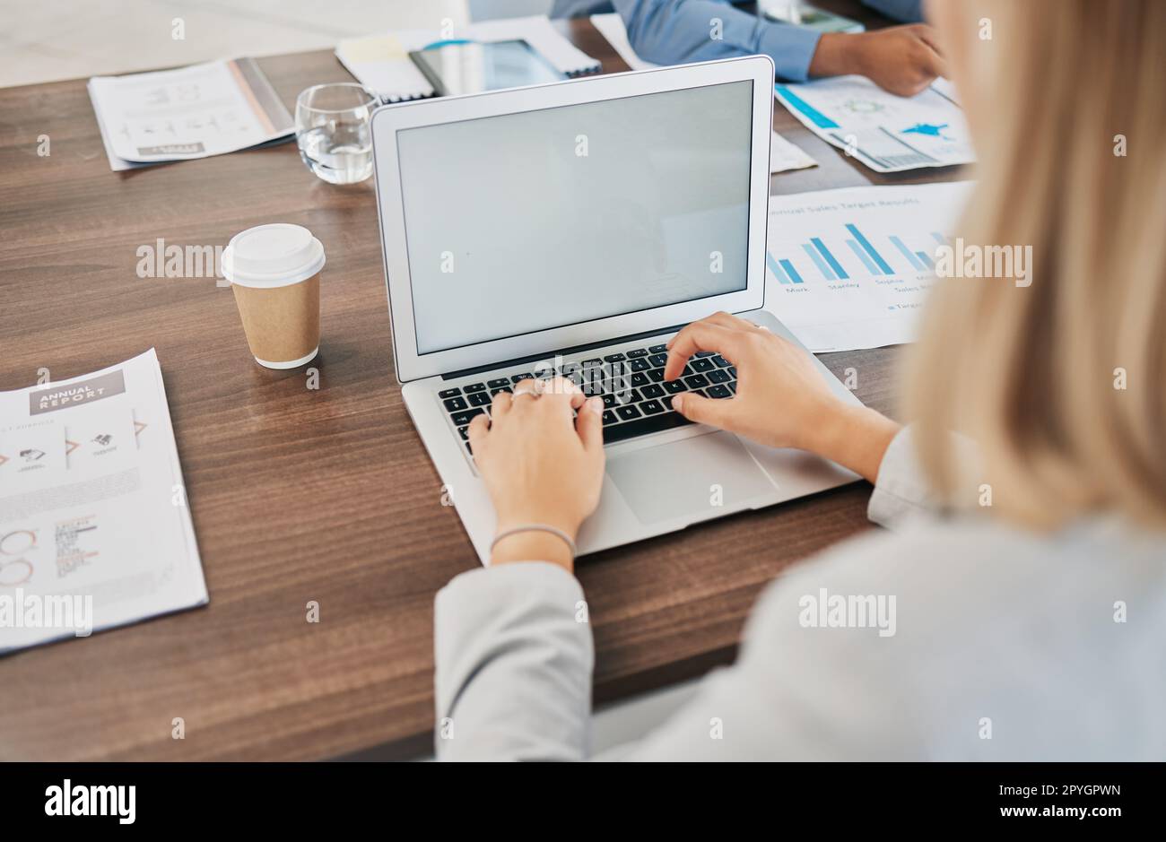 Laptop, mockup and business woman hands typing email, online media and ...