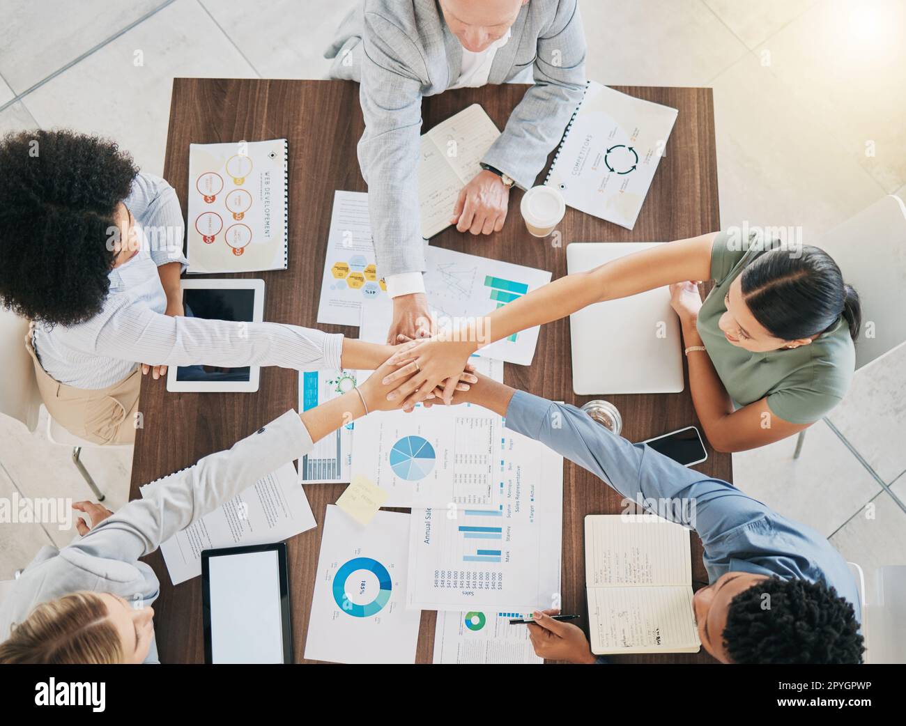 Business people, hands and top view success of team celebration ...