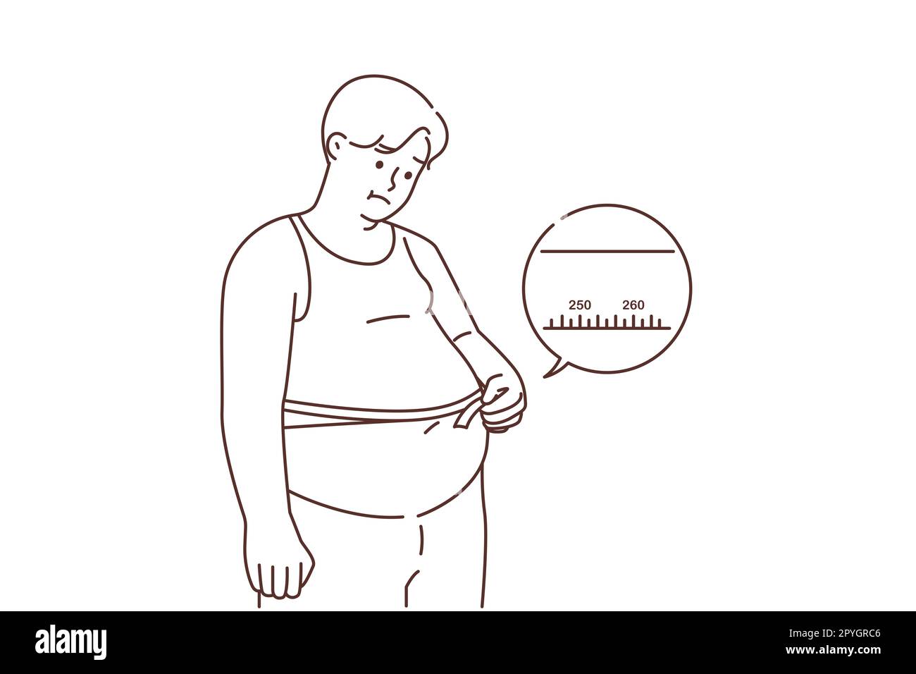 Upset fat man measure belly with tape suffer from excessive weight ...