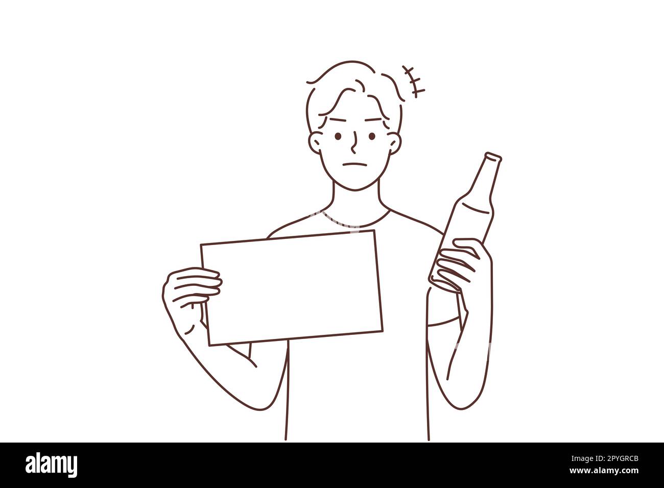 Young man hold bottle and warning sign protest against alcohol ...