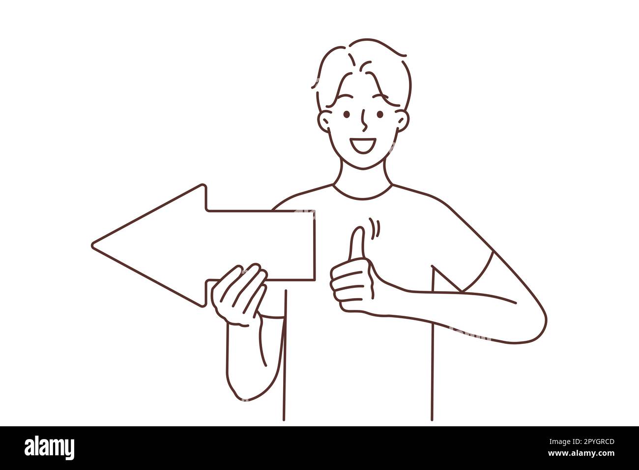 Smiling young man with arrow show direction recommend good deal or ...