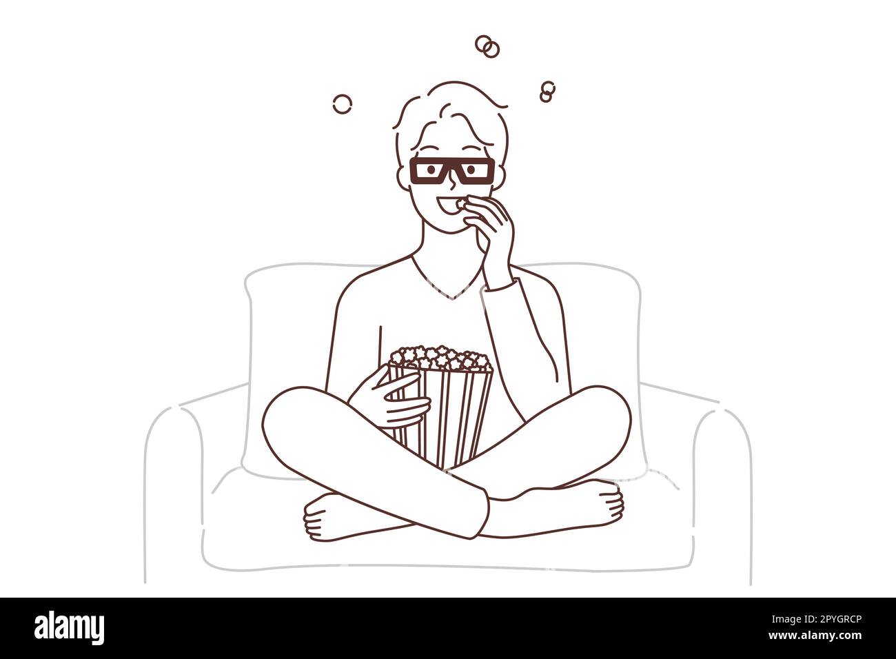 Happy young man in 3d glasses watching movie eating popcorn. Smiling ...
