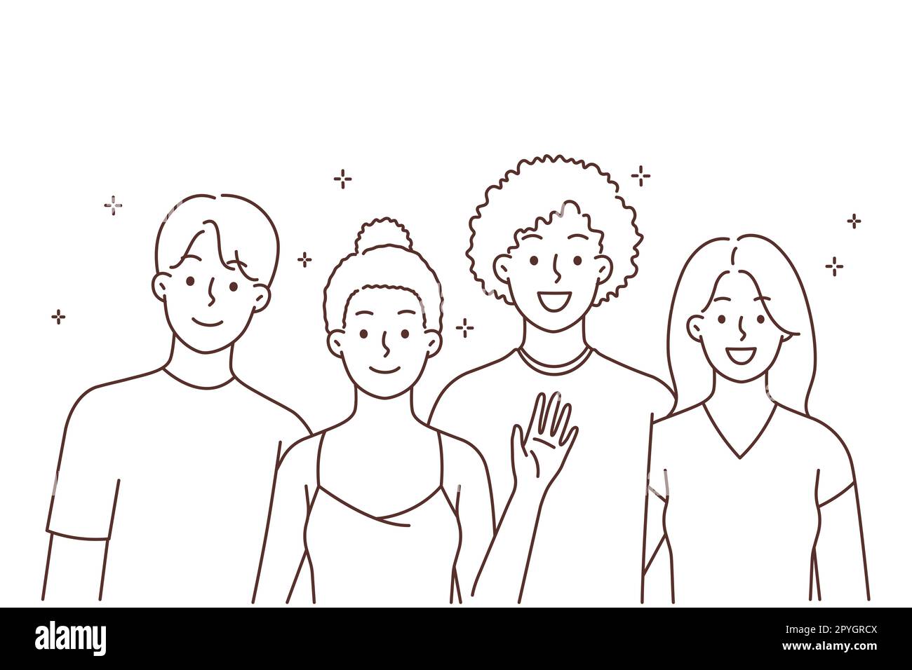 Portrait of smiling interracial group hugging feeling positive and ...